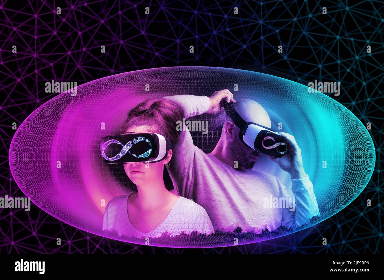 Man and woman in VR glasses with sign of metaverse in 3D simulation of cyber space. Black ...