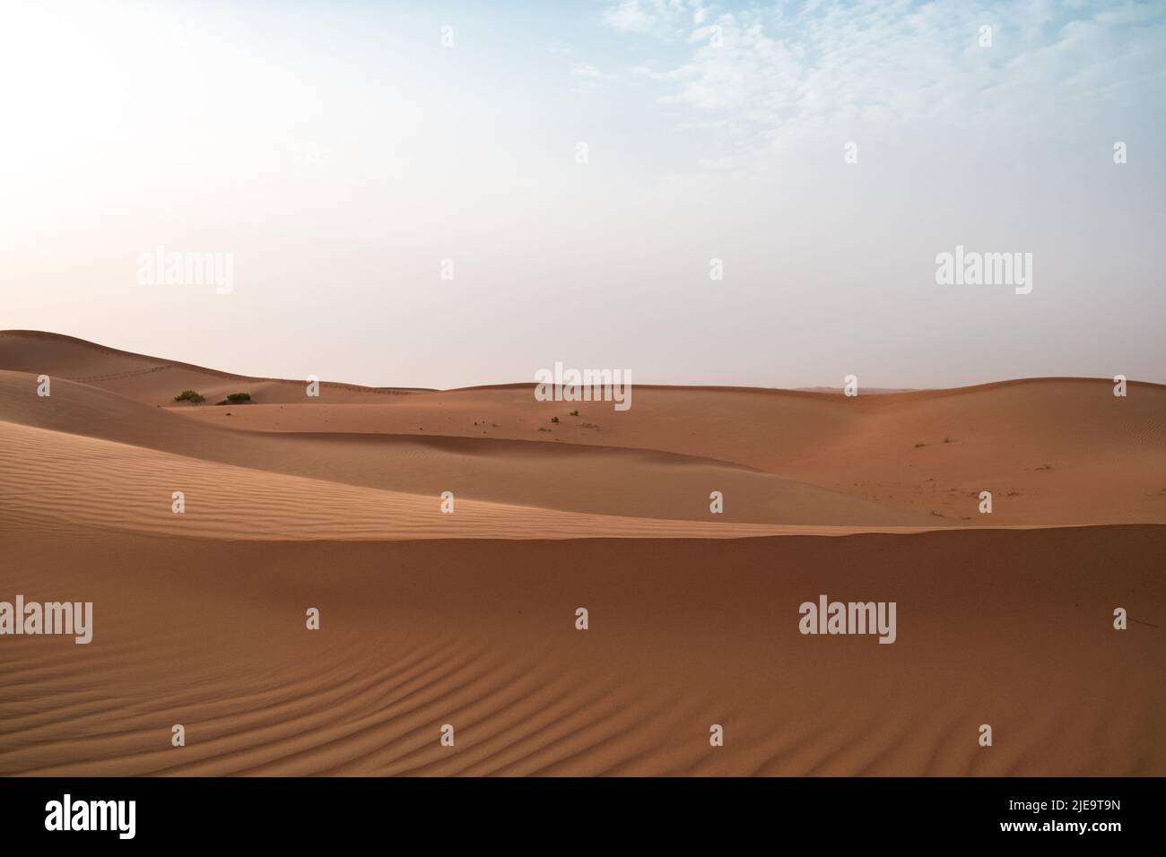Endless and desolate landscape of orange sand dunes against a bright ...