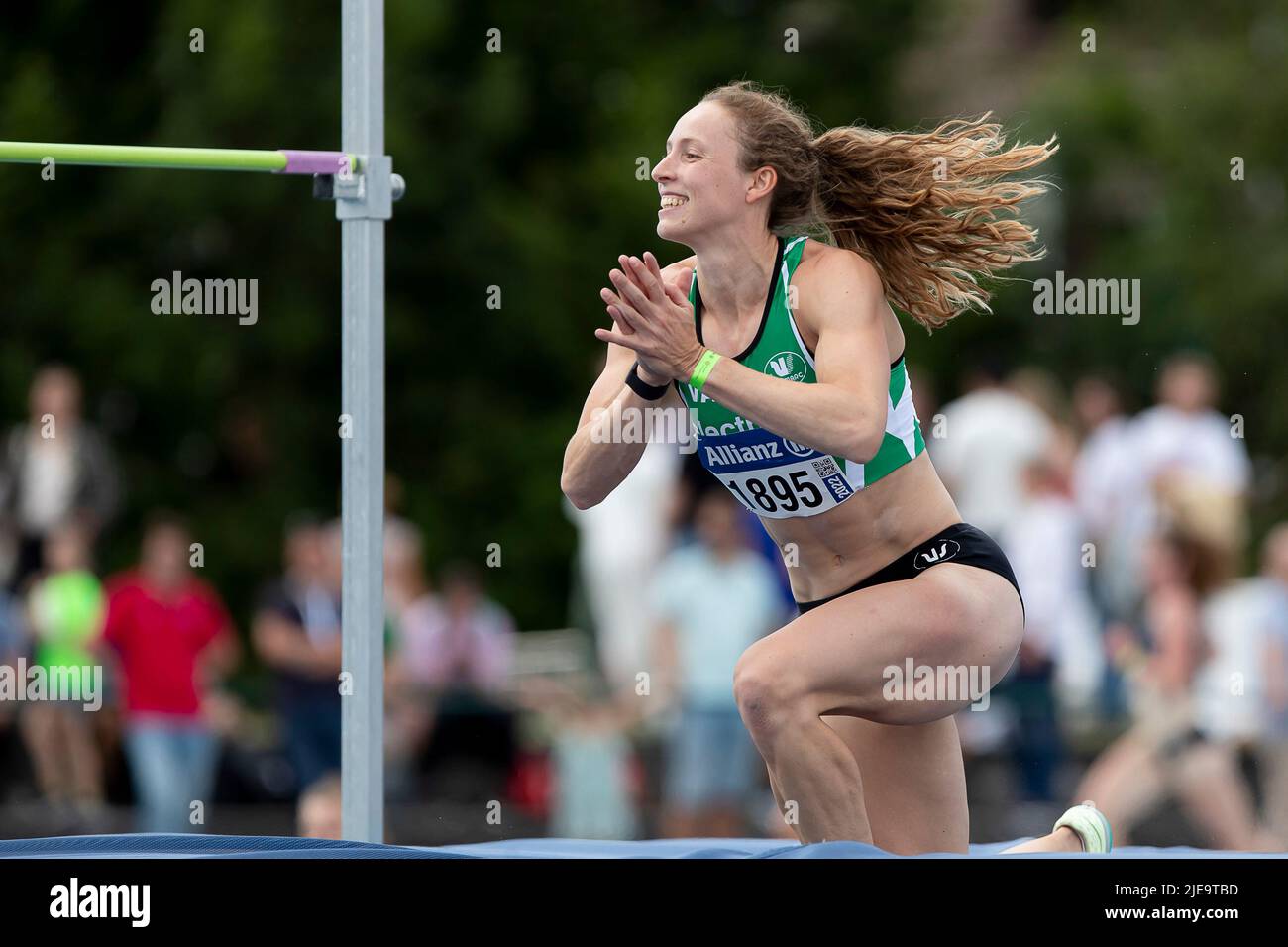Belgian Noor Vidts reacts during the high jump event, at the Belgian ...