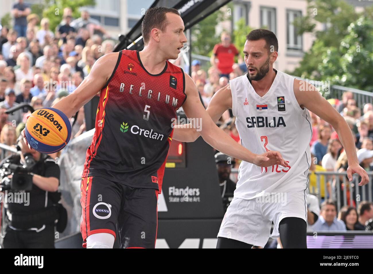 Belgium's Nick Celis and Serbia's Strahinja Stojacic pictured in action ...