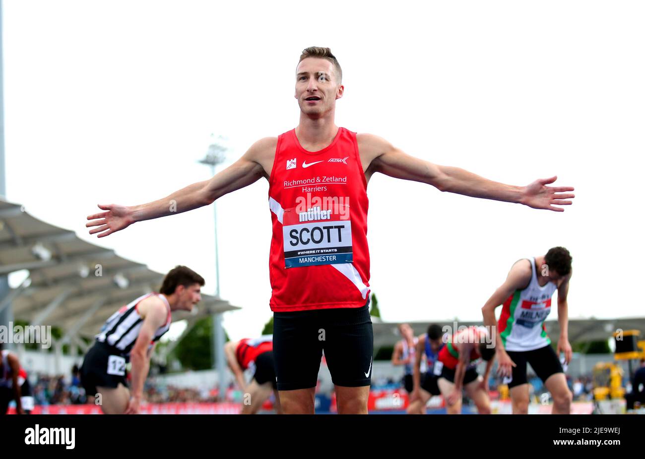 Marc Scott celebrates winning the Men's 5000m final during day three of ...