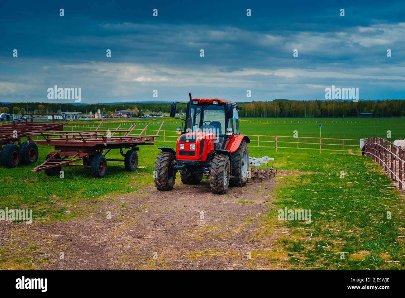 Red tractor in a rural landscape. Hay harvesting in the field by means ...
