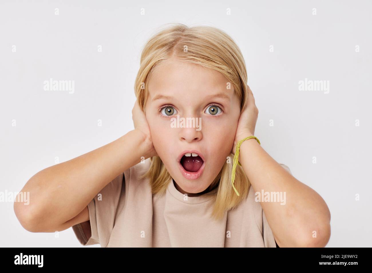 happy cute girl hand gesture fun fashion on a light background Stock ...
