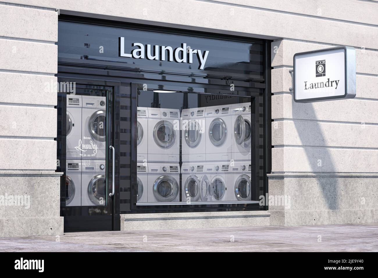 Laundry building exterior with washing machines inside it. 3d ...