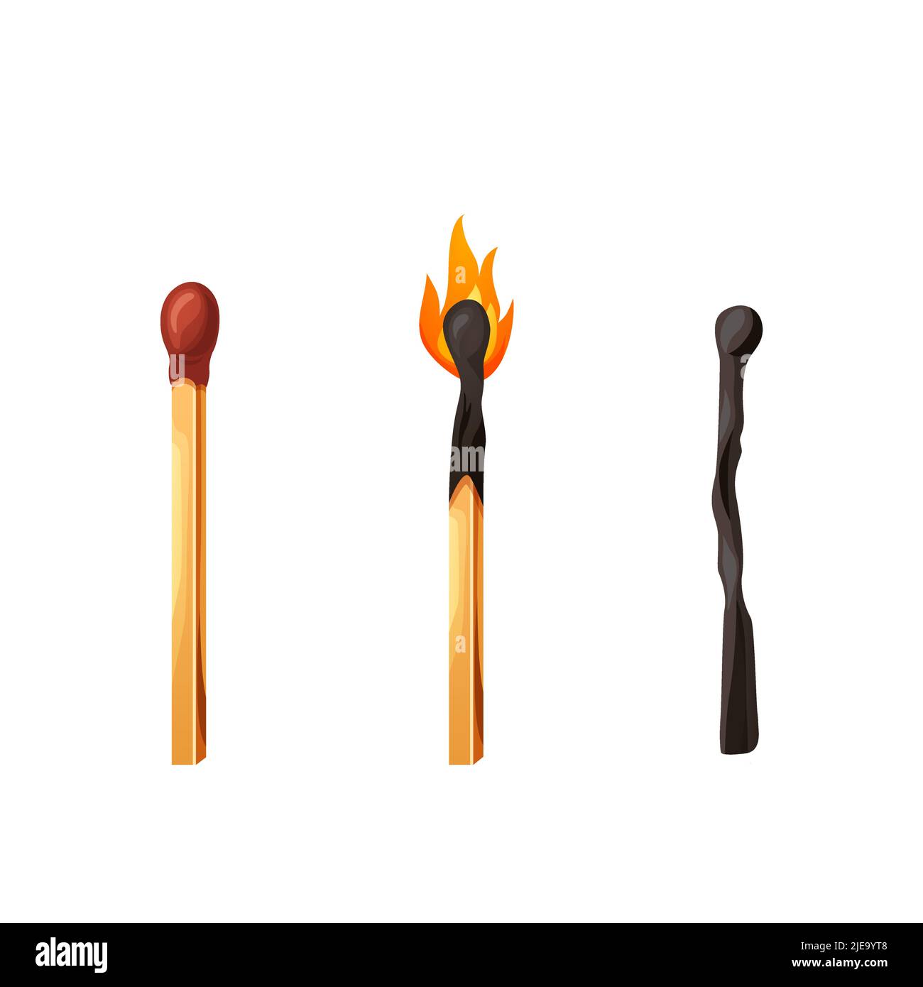 Burnt match stick with fire. Whole, ignite wooden matchstick. Cartoon ...