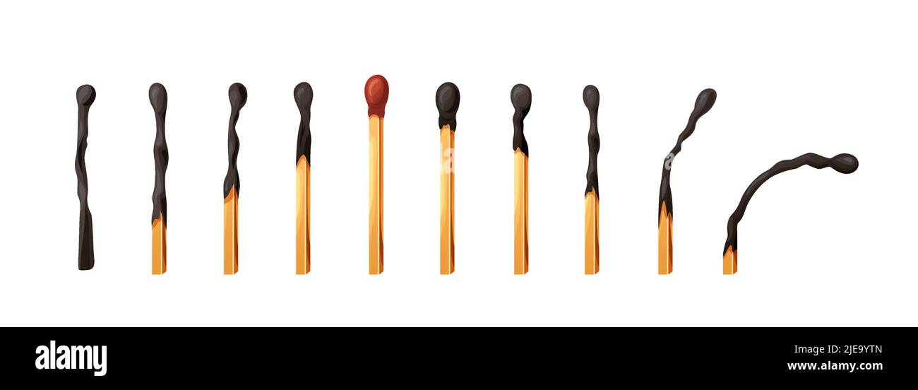 Burnt match stick with fire. Set of matchsticks with sulfur head ...