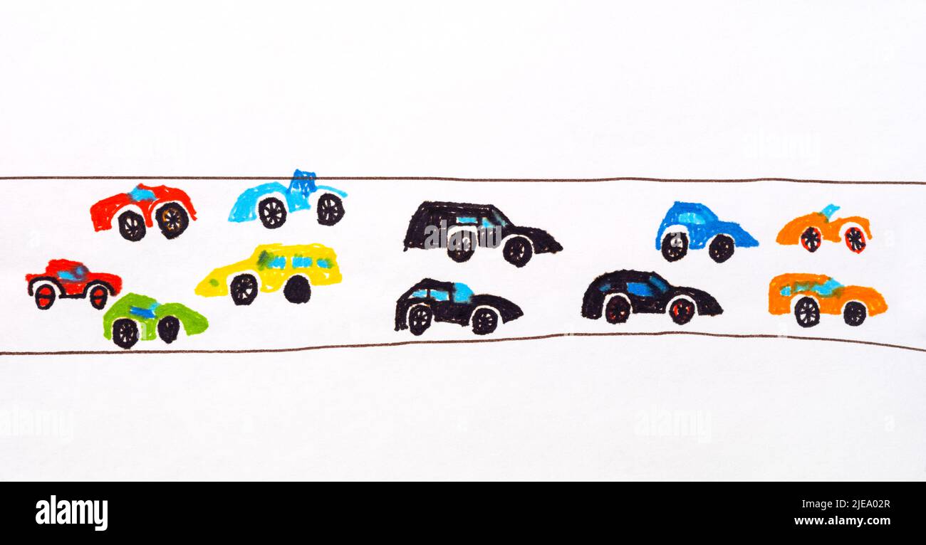 A lot of colorful cars driving on a road. A child hand drawing that was ...
