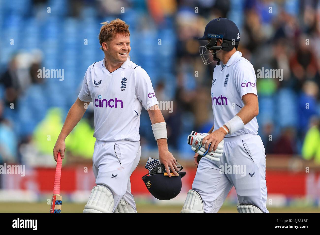 Ollie Pope of England full of smiles as he leaves the field with Joe ...