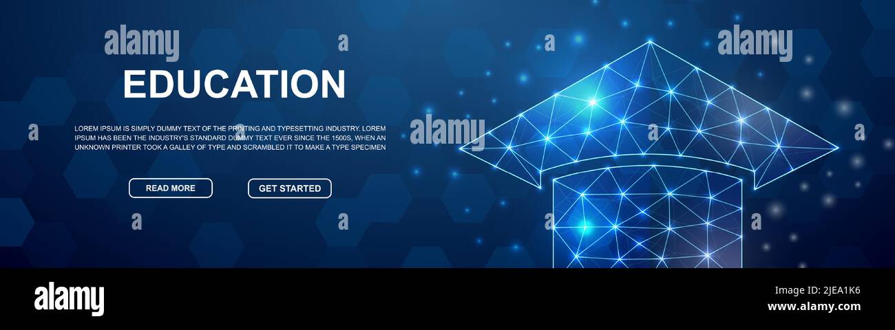 Graduation cap polygonal horizontal banner. E-learning low poly symbol ...