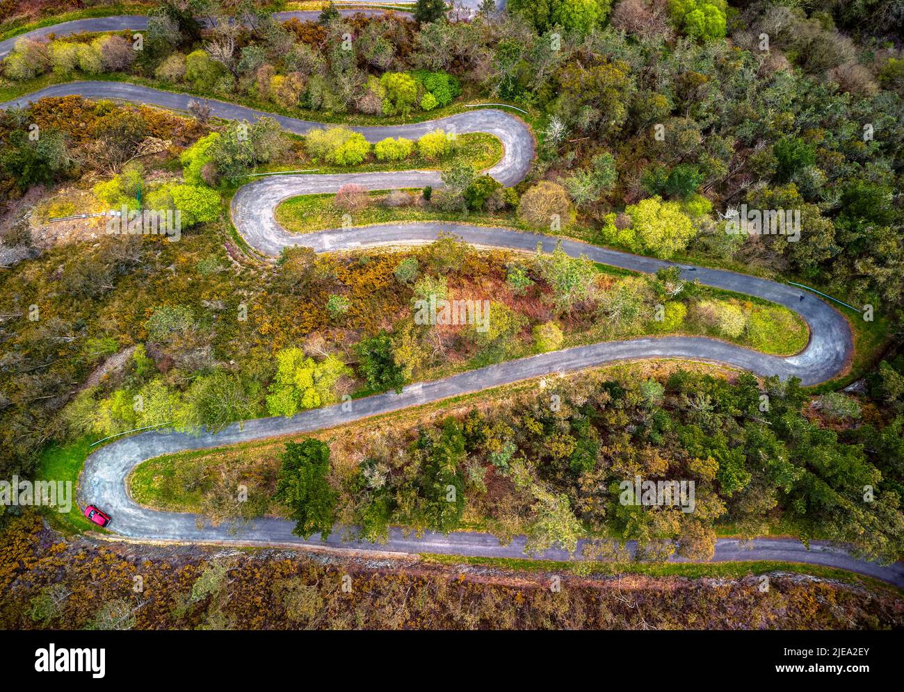 Aerial view of winding road in spring in Asturias, Spain Stock Photo ...