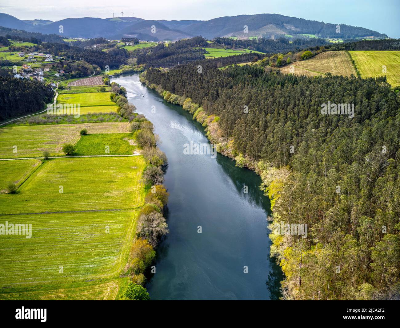 Aerial view of the Navia river and its meadows in Asturias, Spain Stock ...