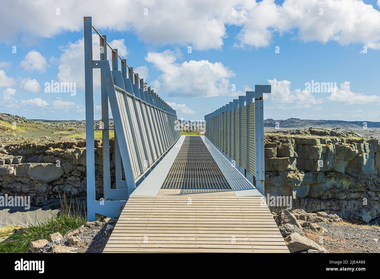 Cross section of a metal bridge in Iceland on the Reykjanes Peninsula ...