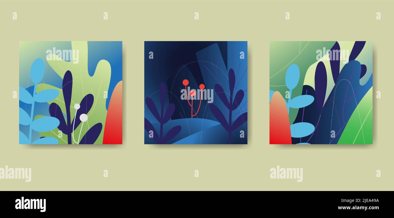 Square cards with doodle colorful leave shapes illustrations Stock ...