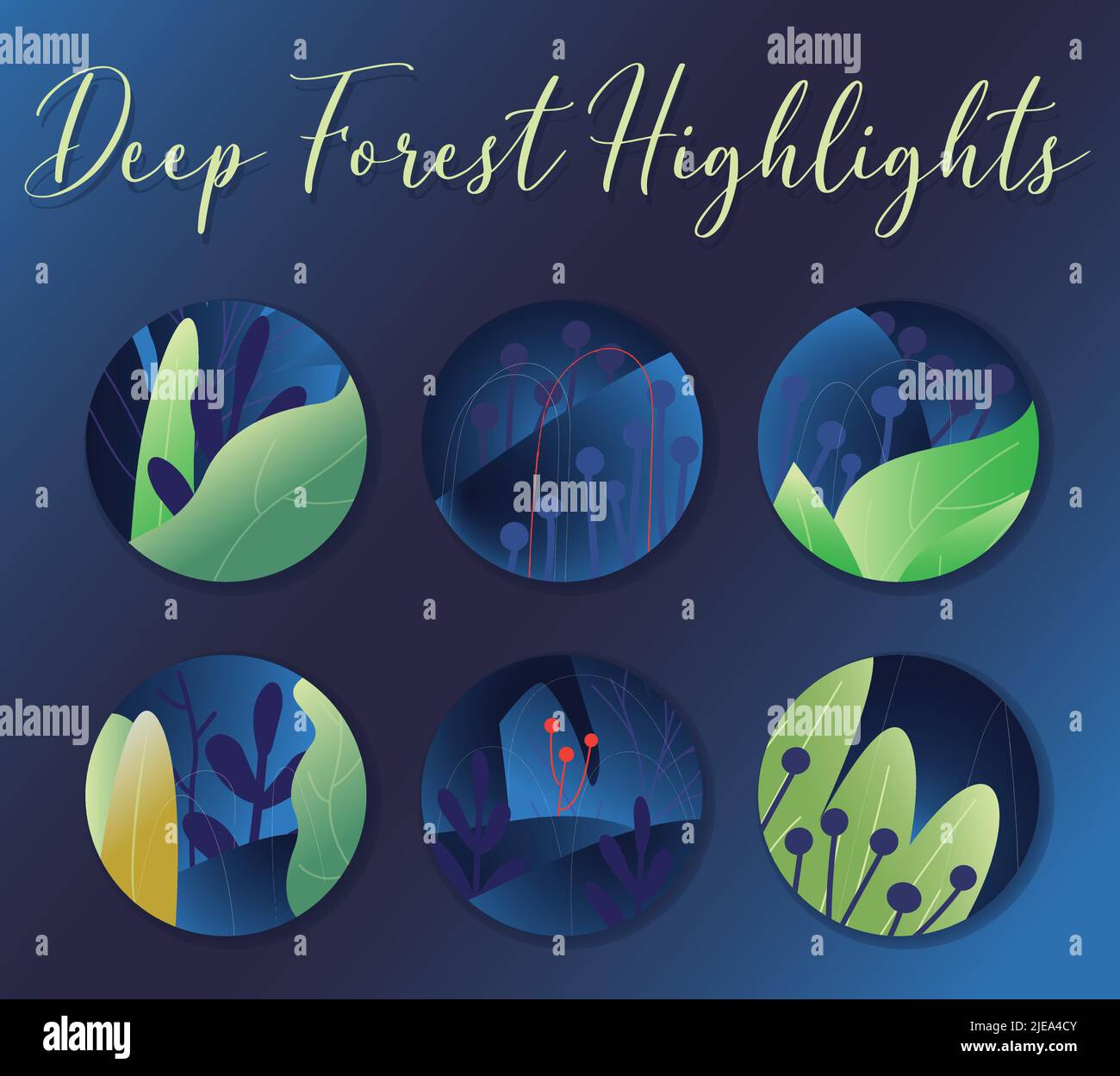 Colorful gradient nature art icons collection. Deep blue and green ...