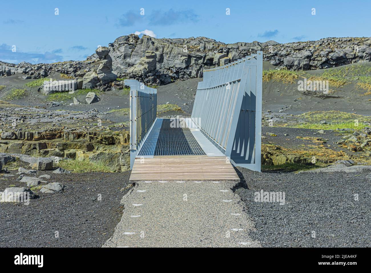 Path with wooden ramp to metal bridge in cross section. Landscape on ...