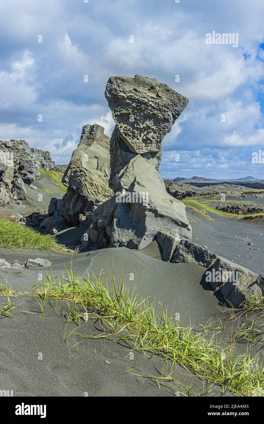 Wall of lava rocks and lava sand from the Reykjanes Peninsula in the ...