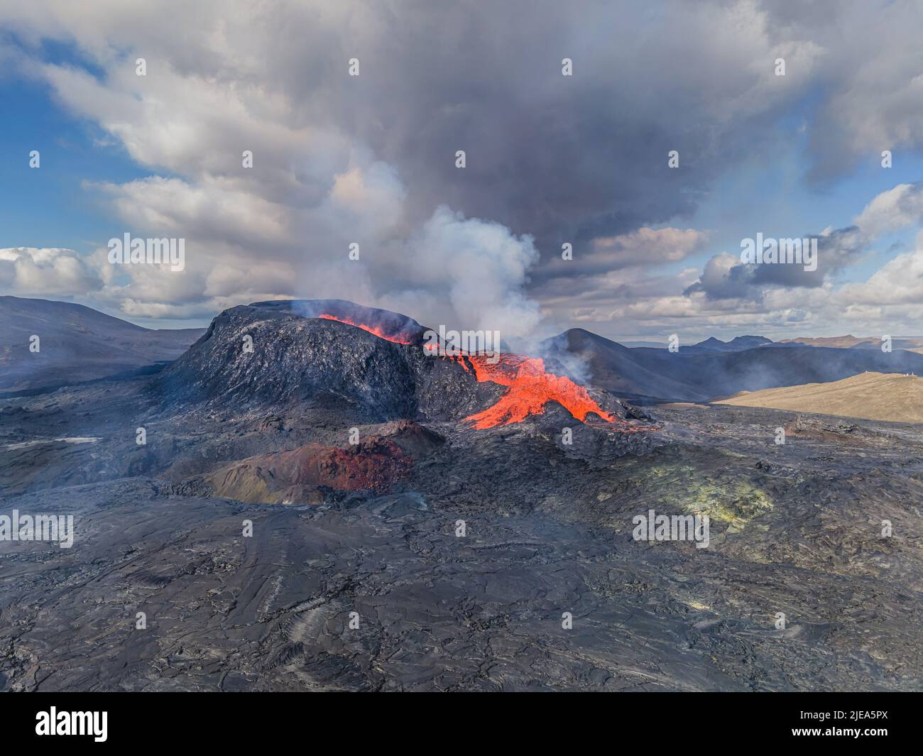 Volcanic crater in Iceland during the day. Eruption on the Reykjanes ...
