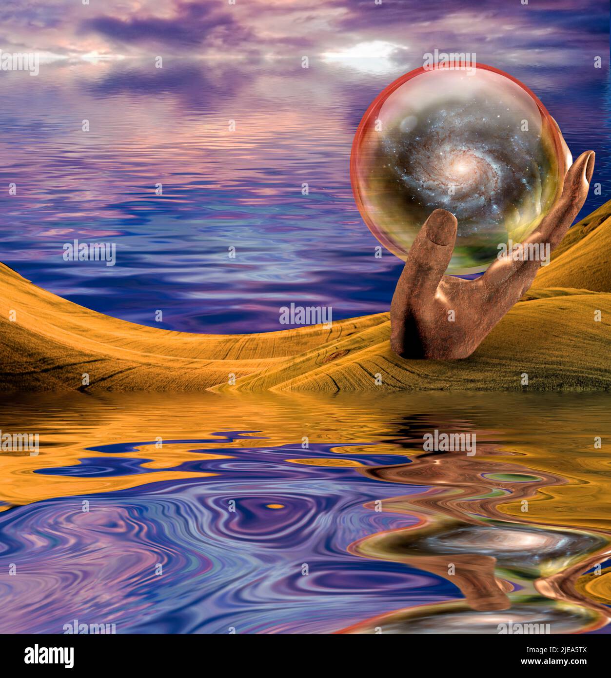 Strange Landscape with sea at sunset or sunrise. 3D rendering Stock ...