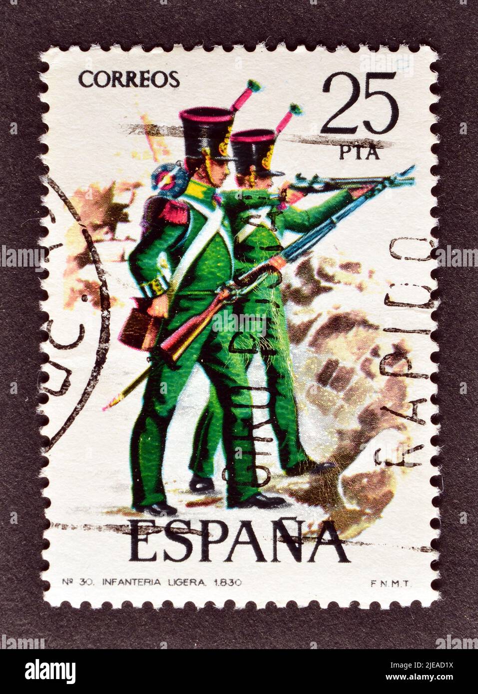 Cancelled postage stamp printed by Spain, that shows Military Uniforms ...