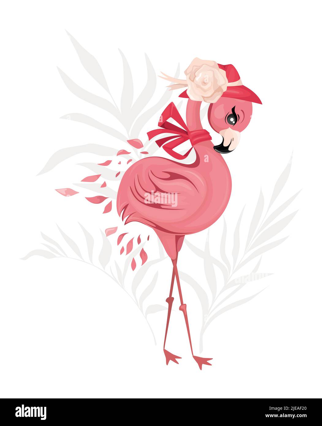Cute flamingo girl with hat and bow. Tropical leaves on silhouette ...