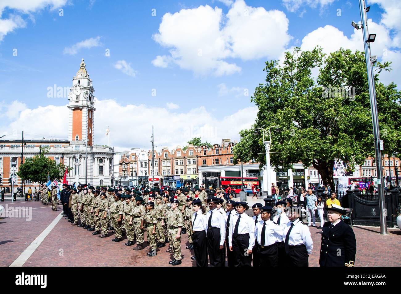 London, UK. 26th June, 2022. Army Cadets in Windrush square. The ...