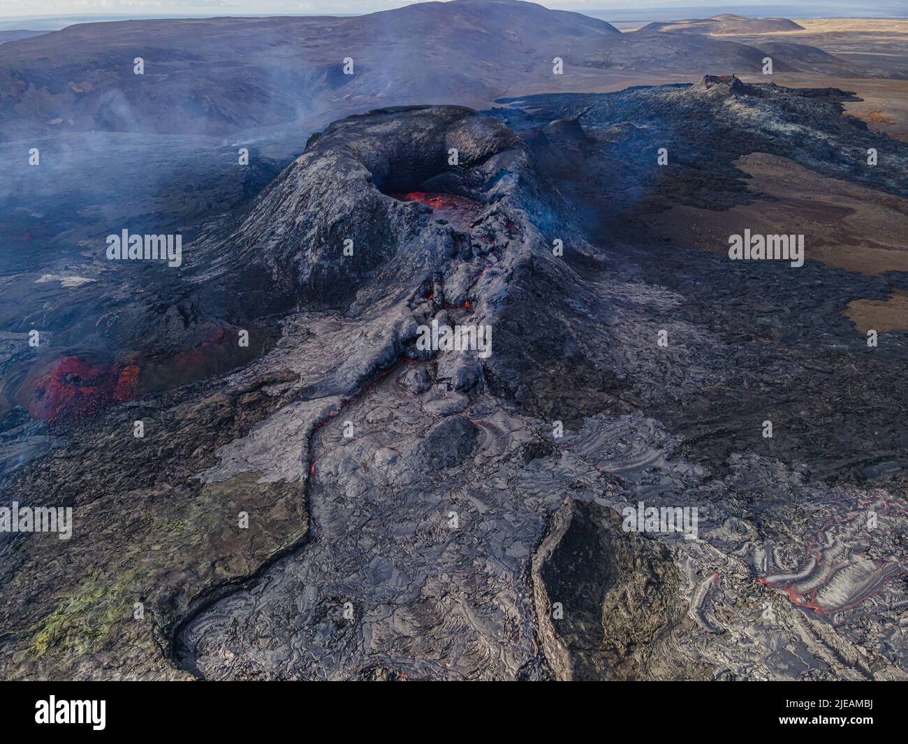 View into the active crater. Landscape in Iceland from above. Volcanic ...