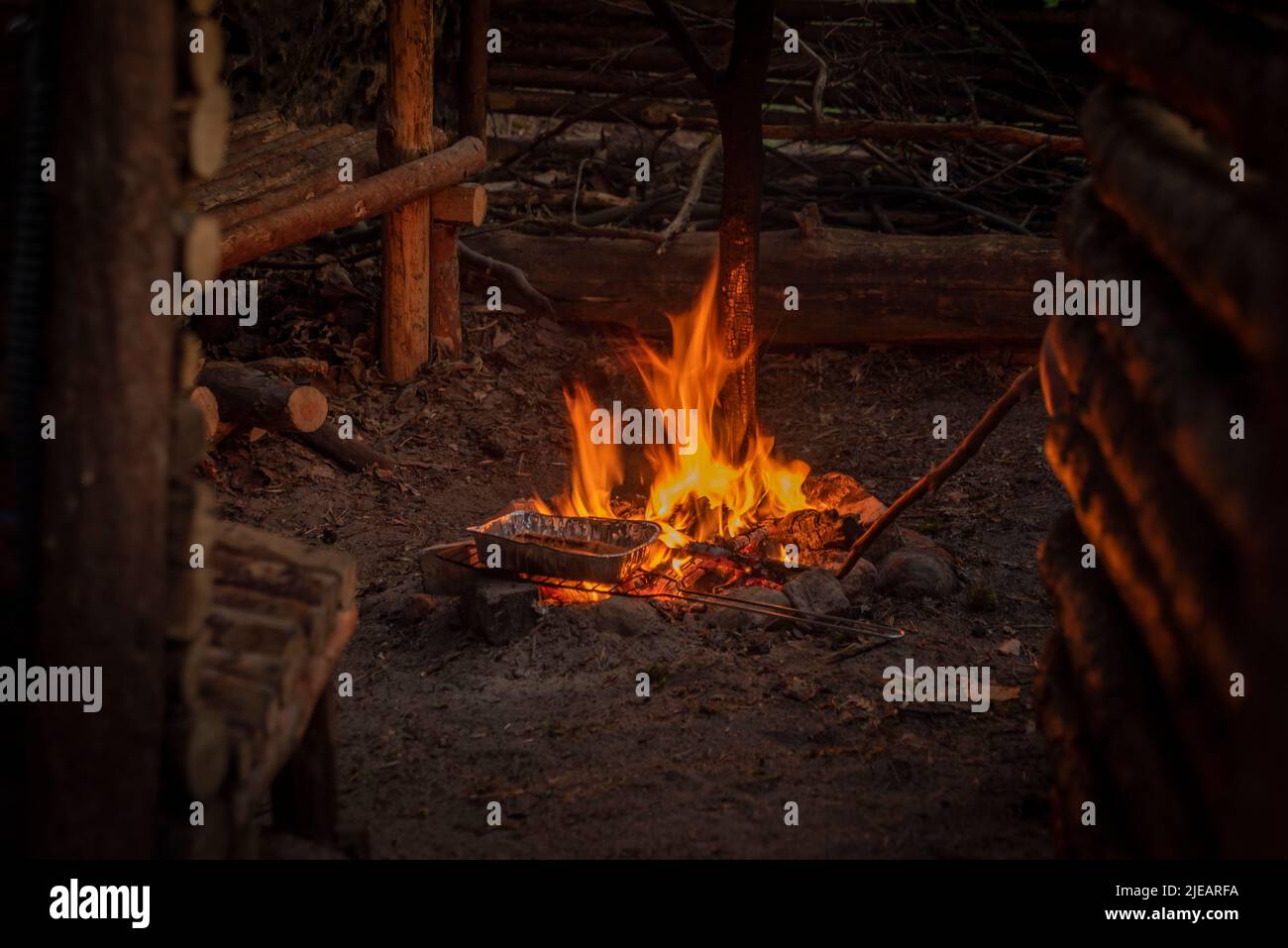 Orange campfire with hot flames in wooden garden under rock in deep dry ...
