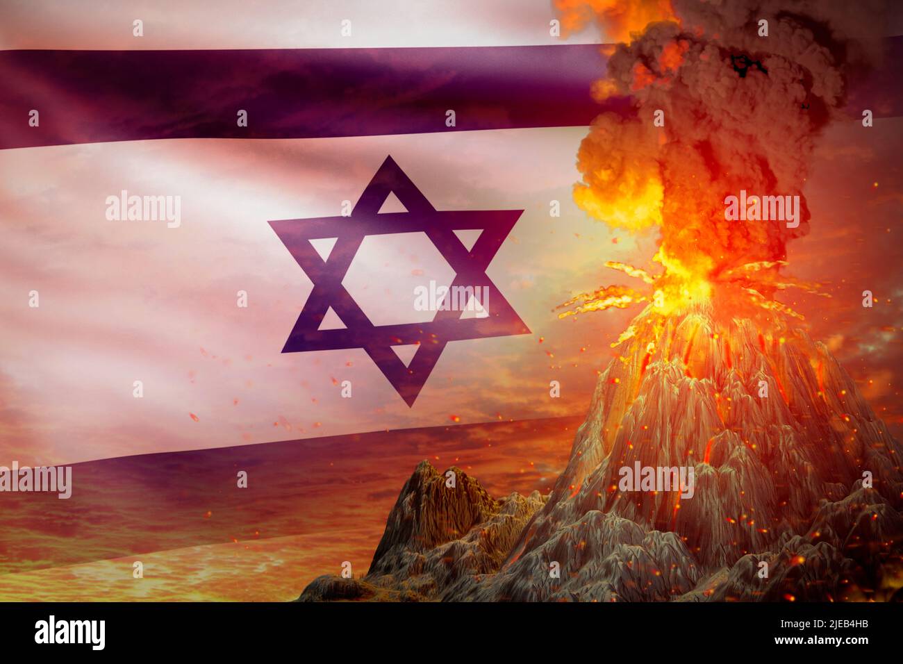 high volcano blast eruption at night with explosion on Israel flag ...