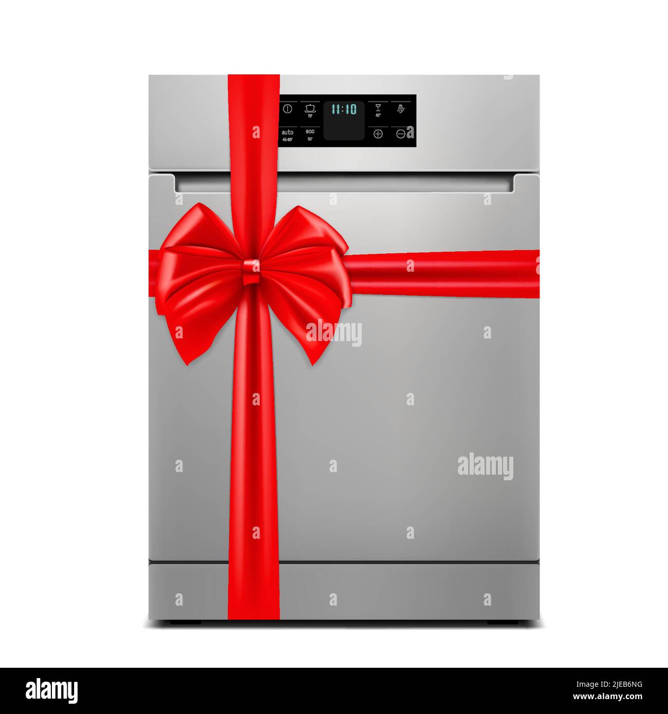 Dishwasher with red ribbon and bow. 3D rendering. Gift concept ...