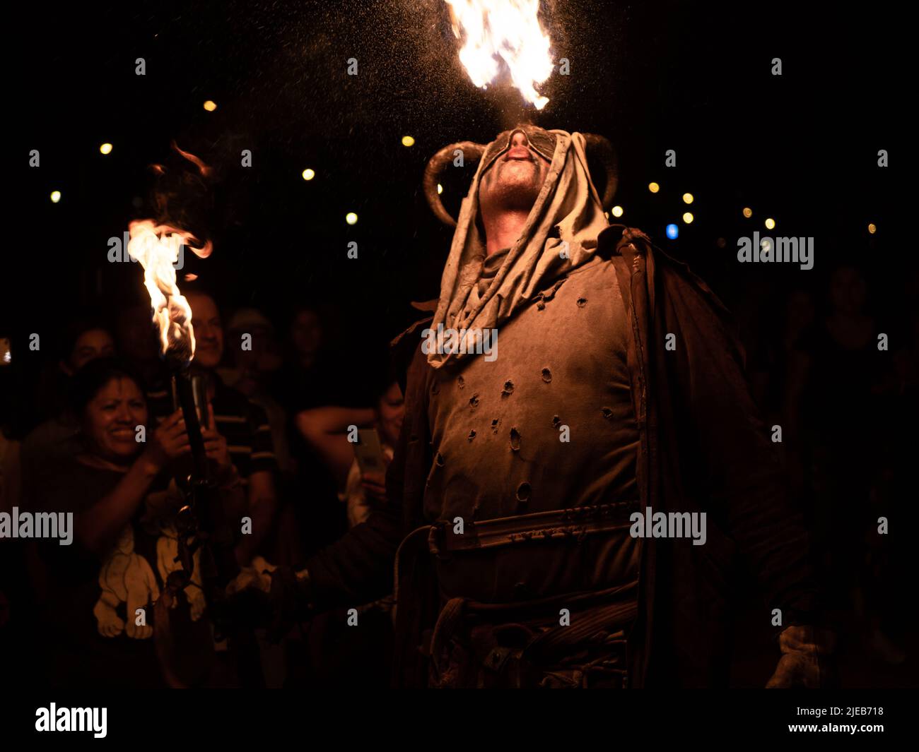 Palma de Mallorca, Spain; June 23rd 2022: A demon spitting fire in the ... Palma de Mallorca, Spain; June 23rd 2022: A demon spitting fire in the ...