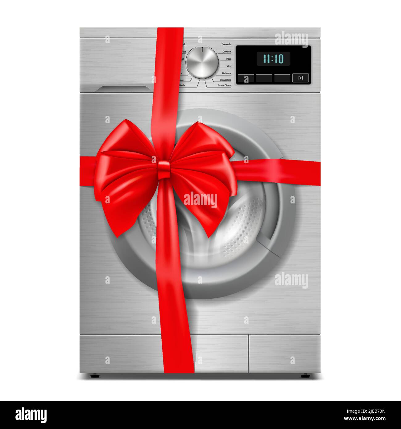 Washing machine with red ribbon and bow. 3D rendering. Gift concept ...