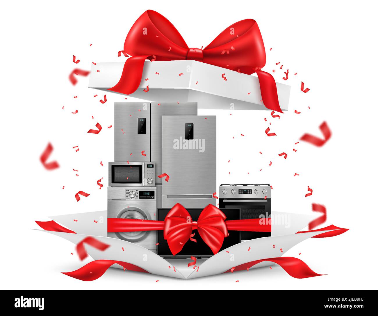 Gift concept, home appliances inside gift box. Refrigerator, microwave ...