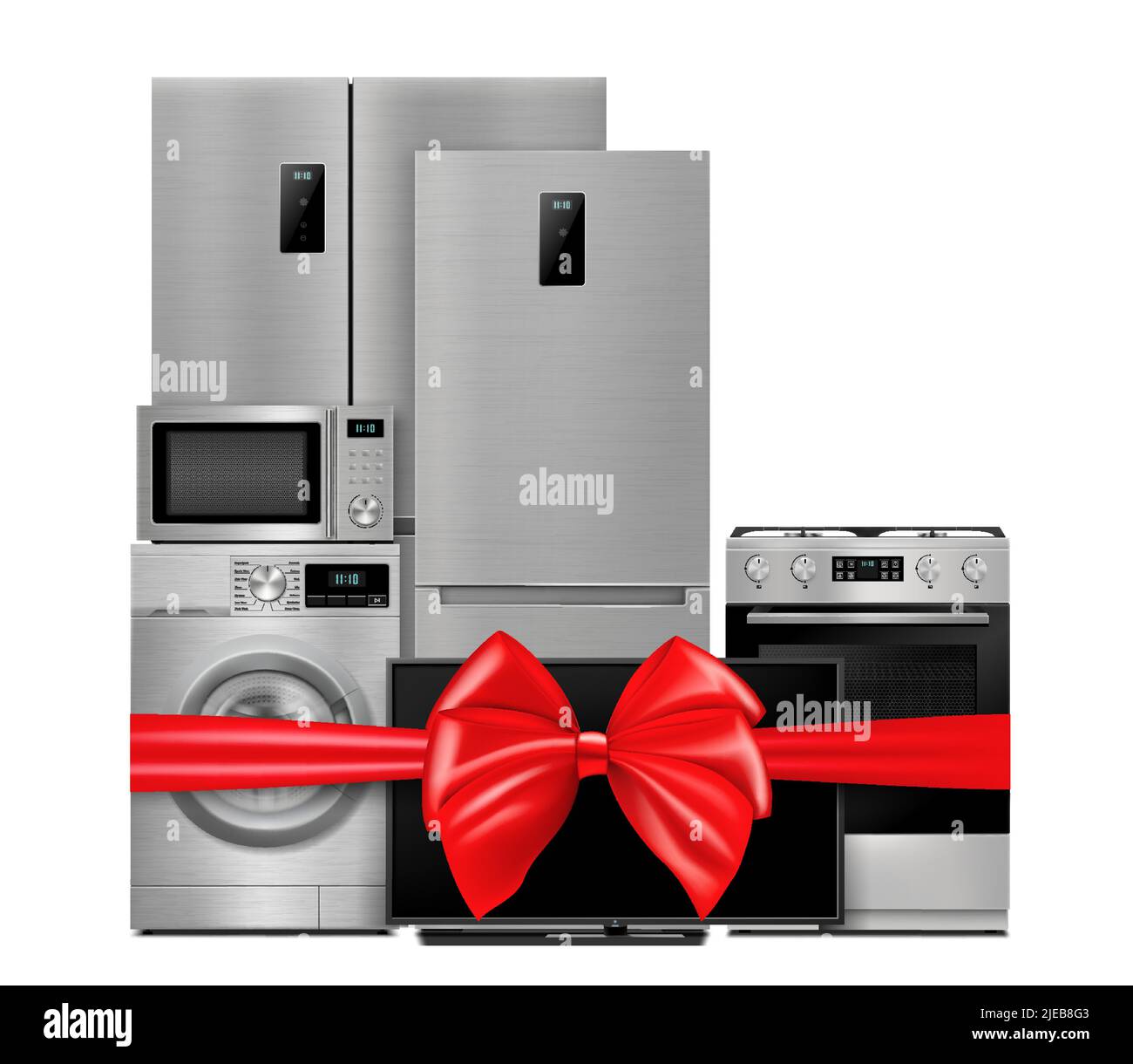 Group of household appliances with red gift ribbon and bow ...