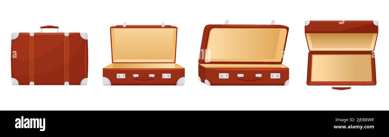 Open and closed Retro Leather Suitcase in different angles. Bag With ...