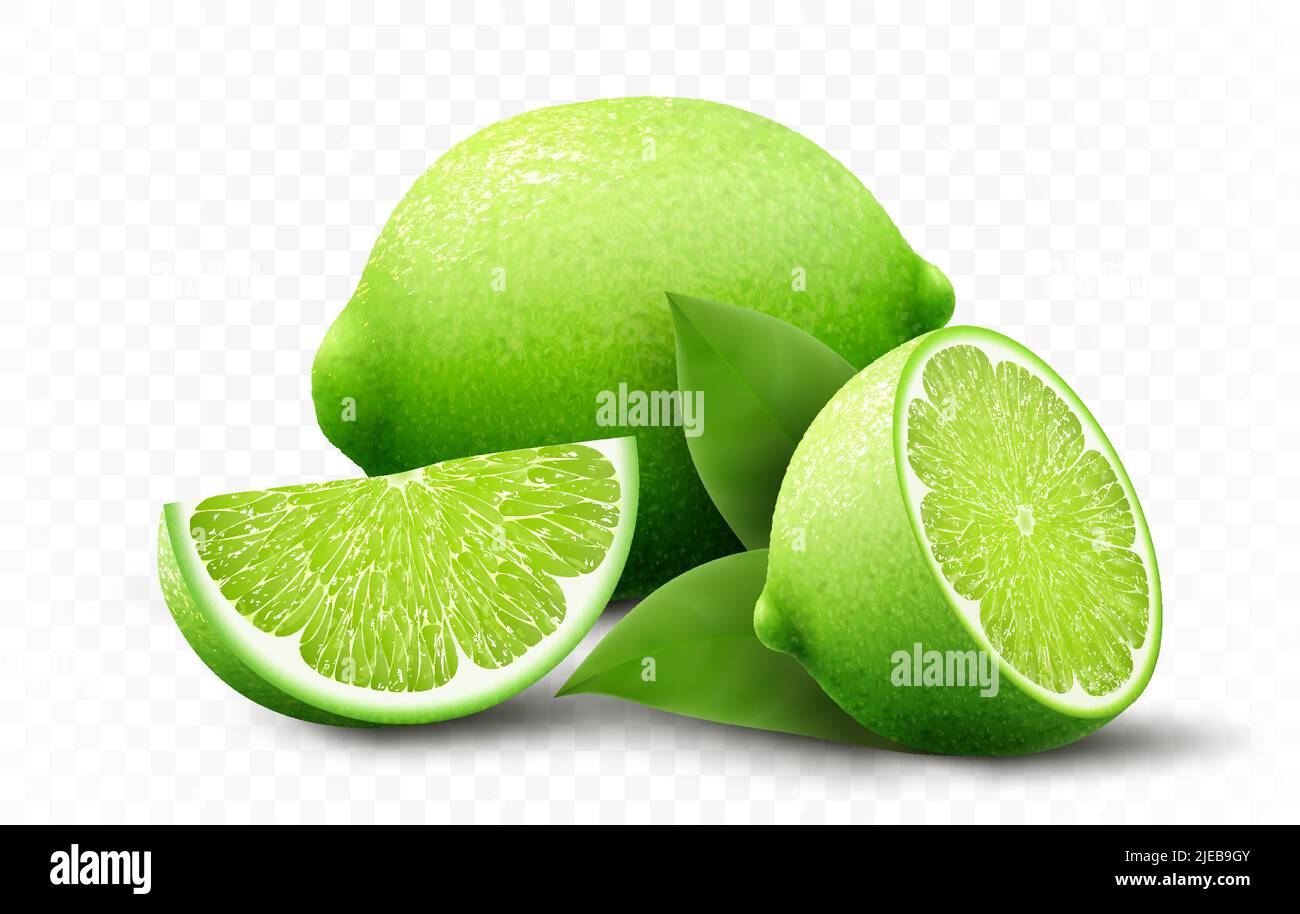 Fresh lime set, with various view of whole lime fruit, halves and ...