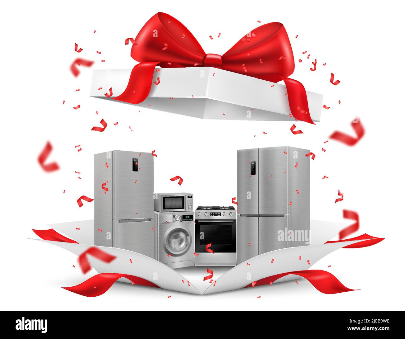 Gift concept, home appliances inside gift box. Refrigerator, microwave ...