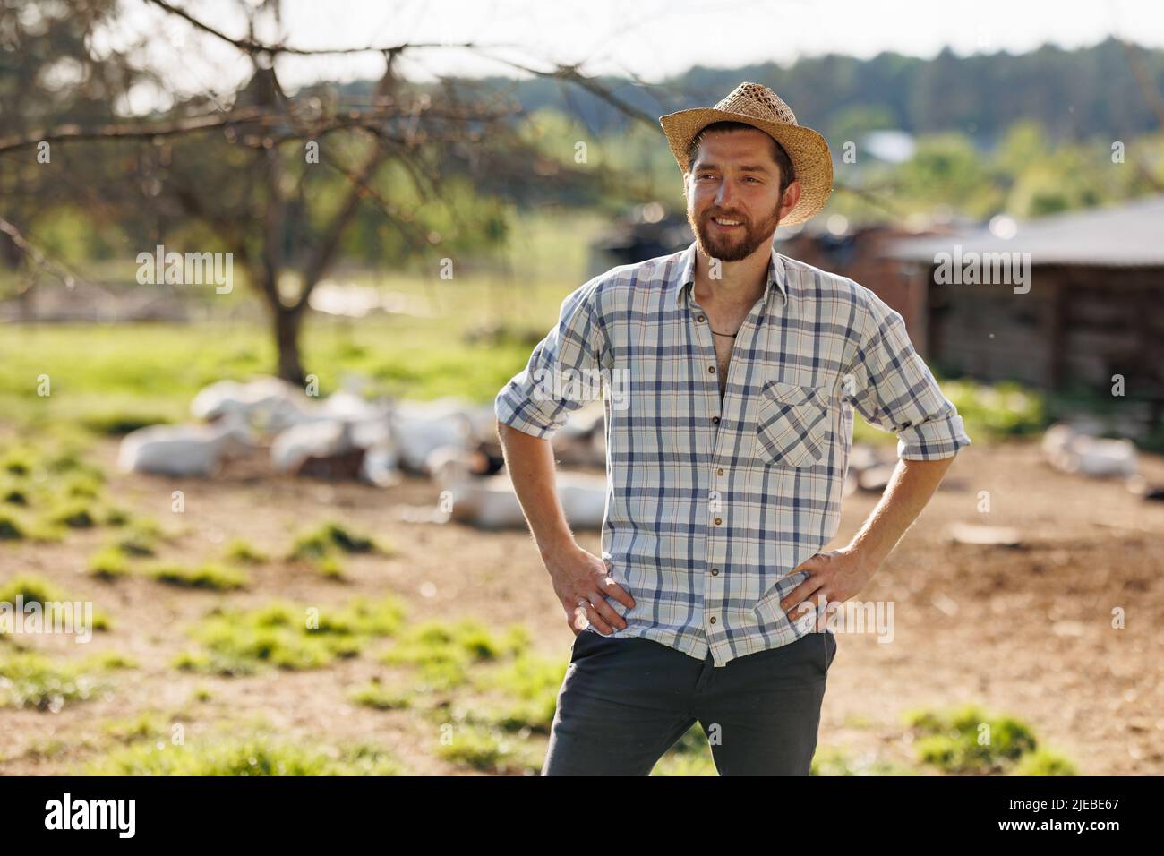 Portrait of young Caucasian handsome bearded male farmer smiling to ...