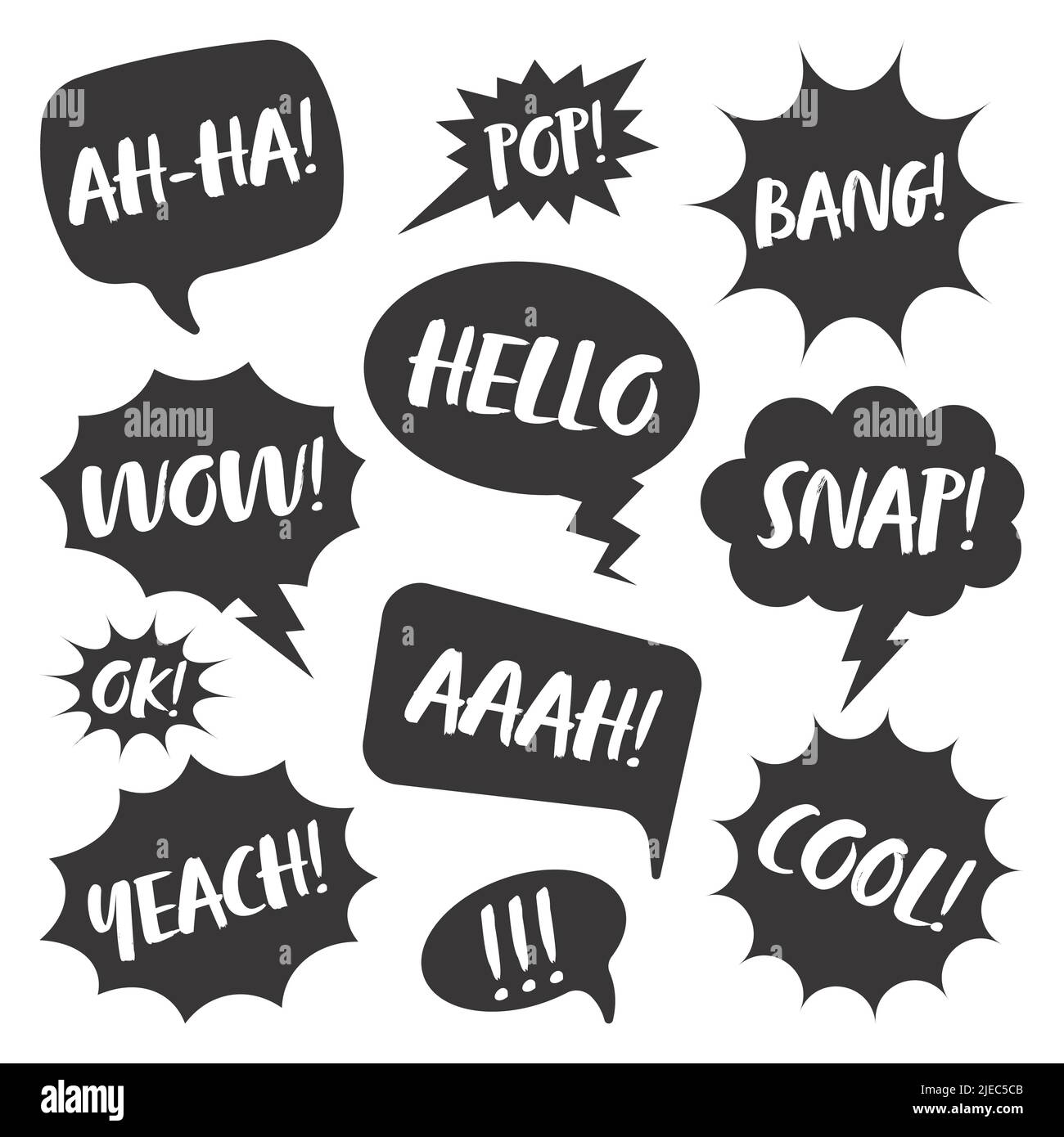 Black comic speech bubbles with handwritten text isolated on white ...