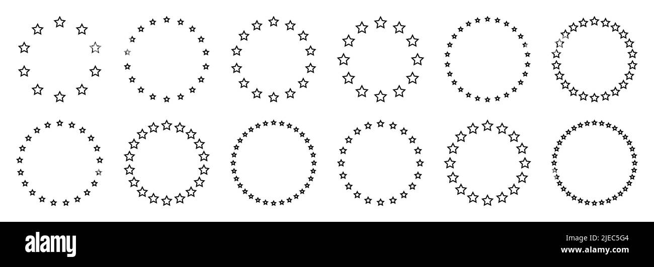 Stars of various sizes arranged in a circle. Round frame, border. Black ...