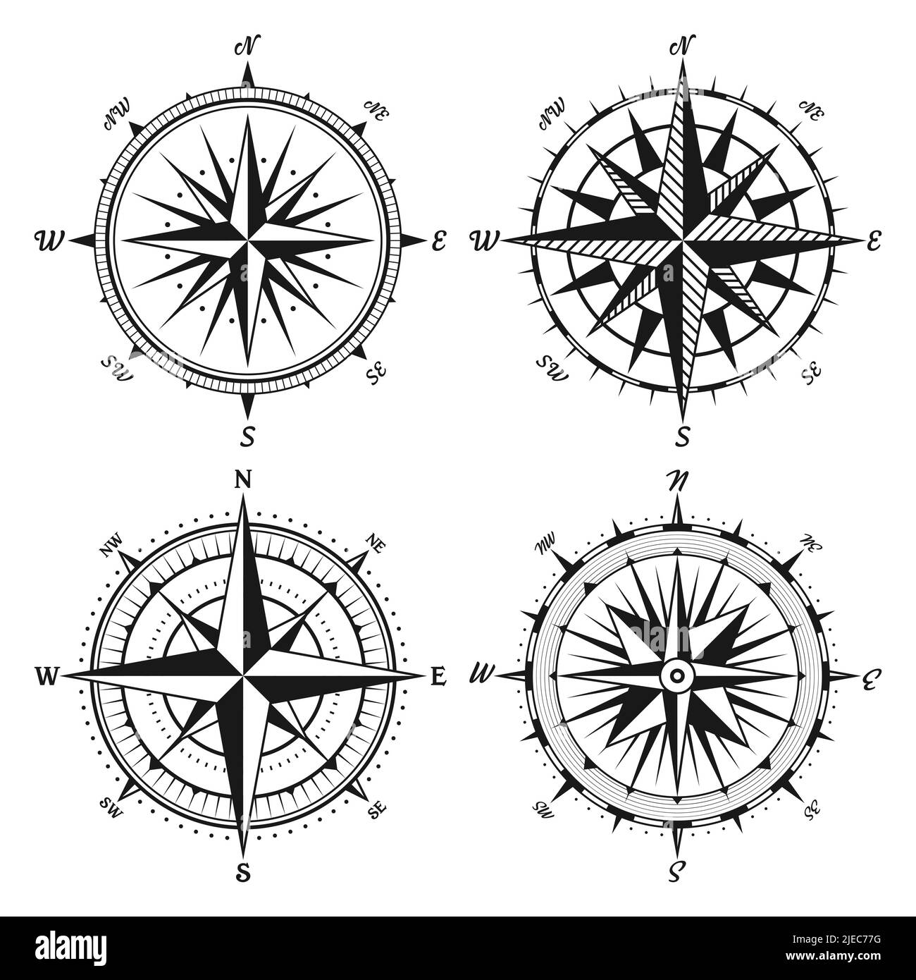 Vintage marine wind rose, nautical chart. Monochrome navigational ...
