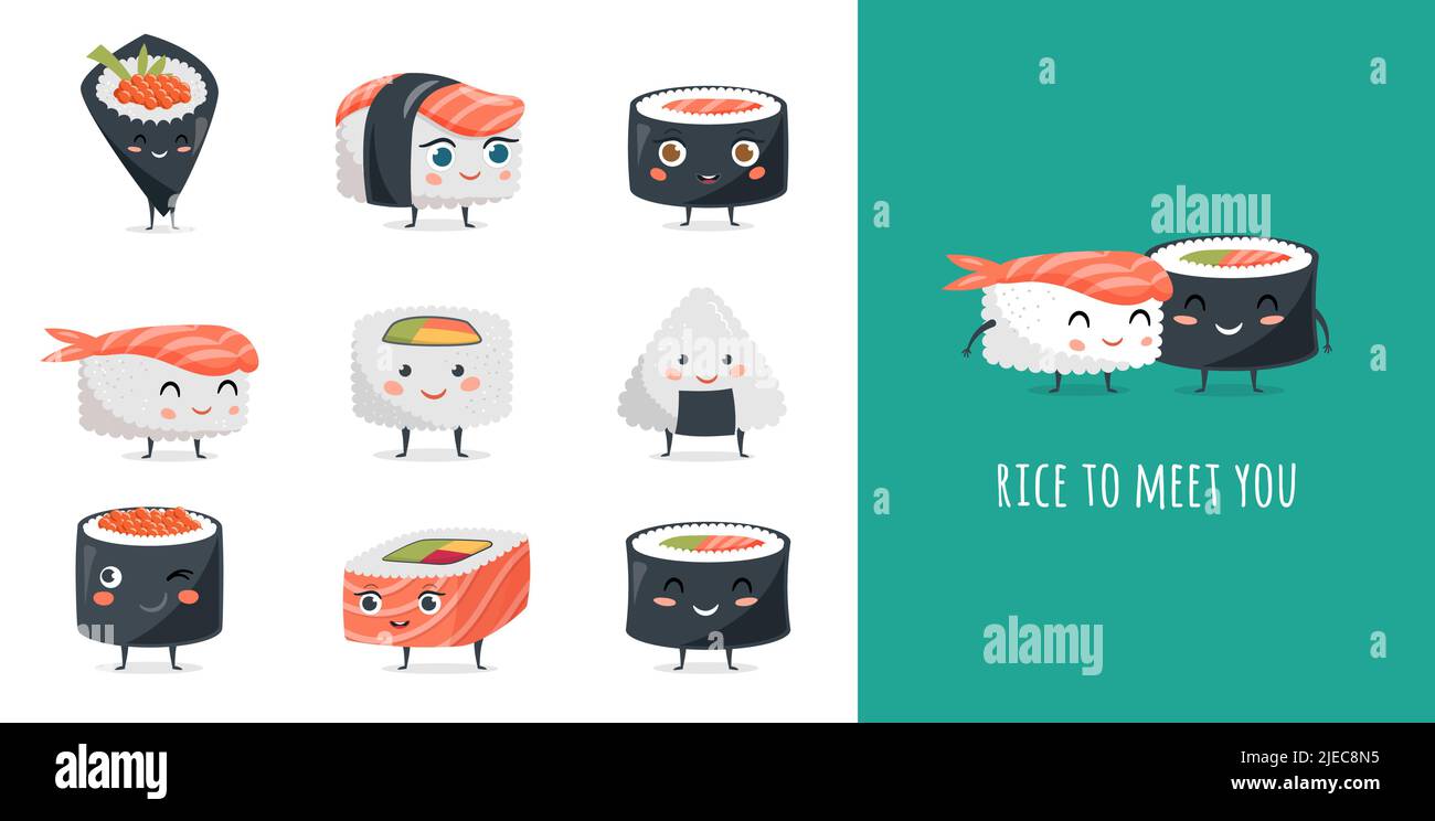 Funny Sushi concept design with sushi characters. Cute vector ...