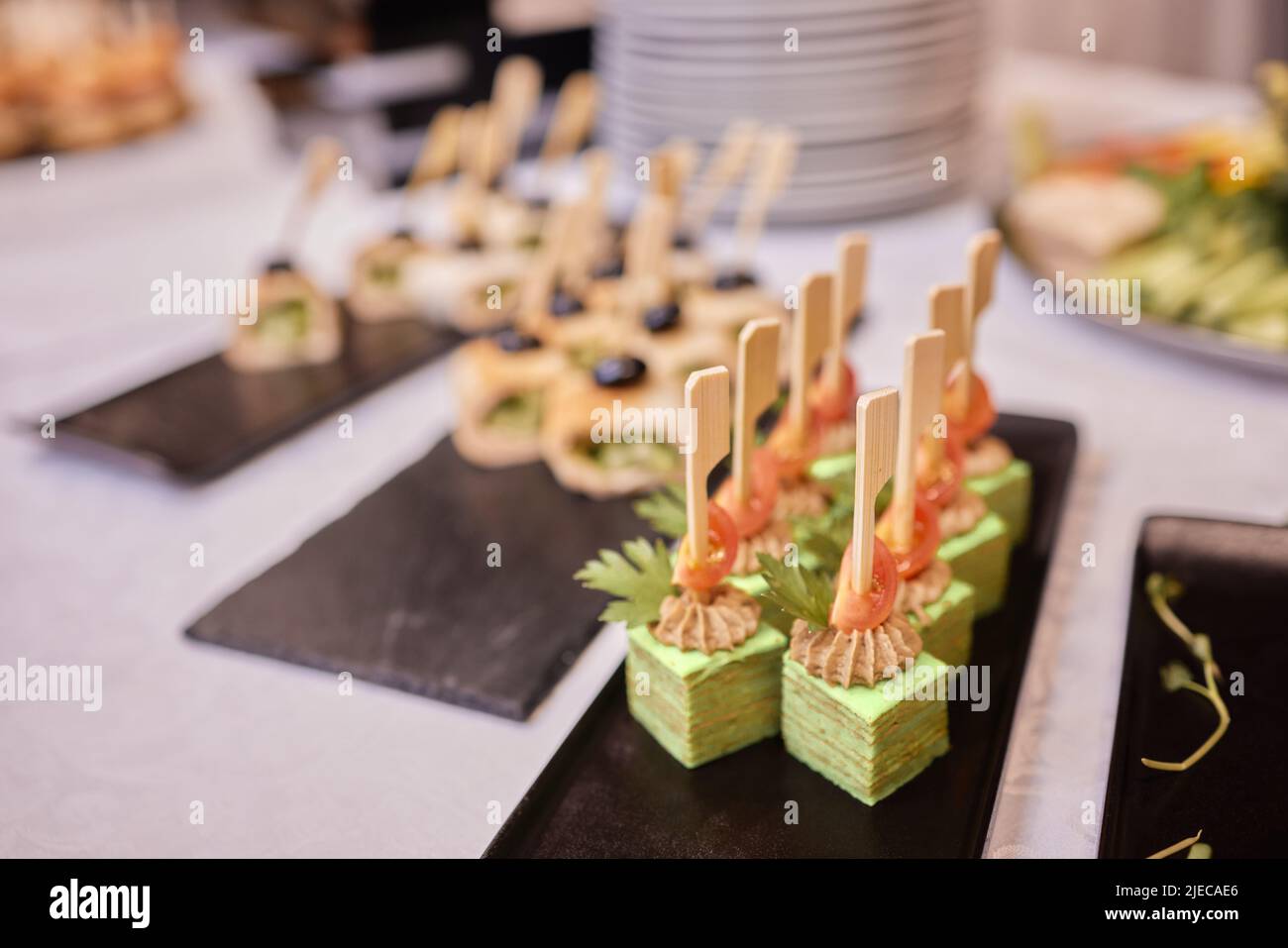 a lot of cold snacks on buffet table, catering Stock Photo - Alamy