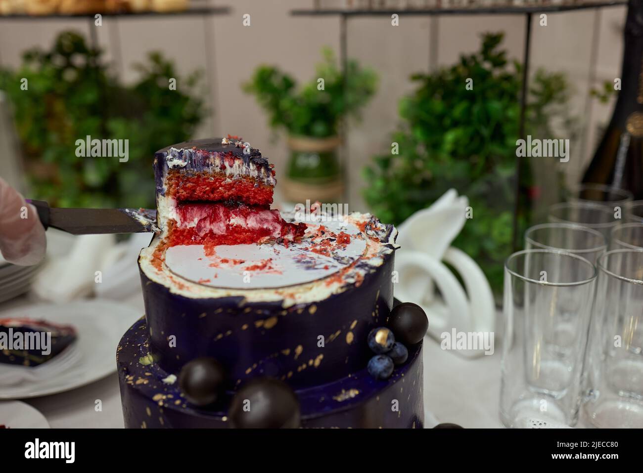 Black bunk cake on the dark black background with golden stars and ...