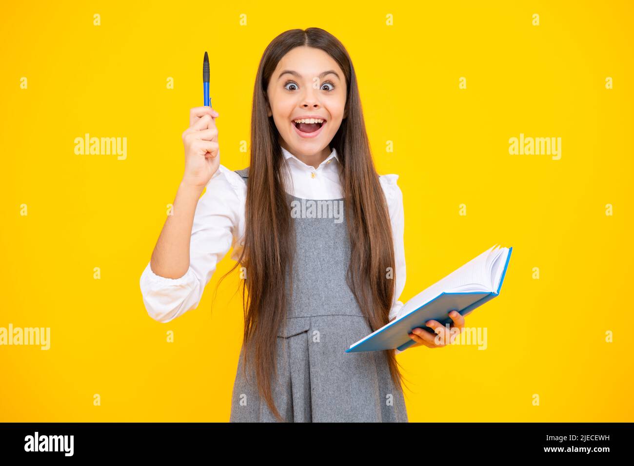 Excited face. Teenager school girl study with books. Learning knowledge ...