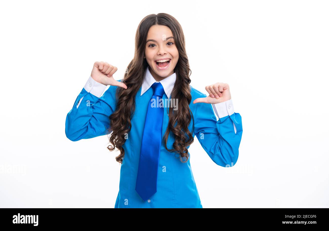 Excited face. Teenager child girl point thumb herself. Choose me. Girl ...