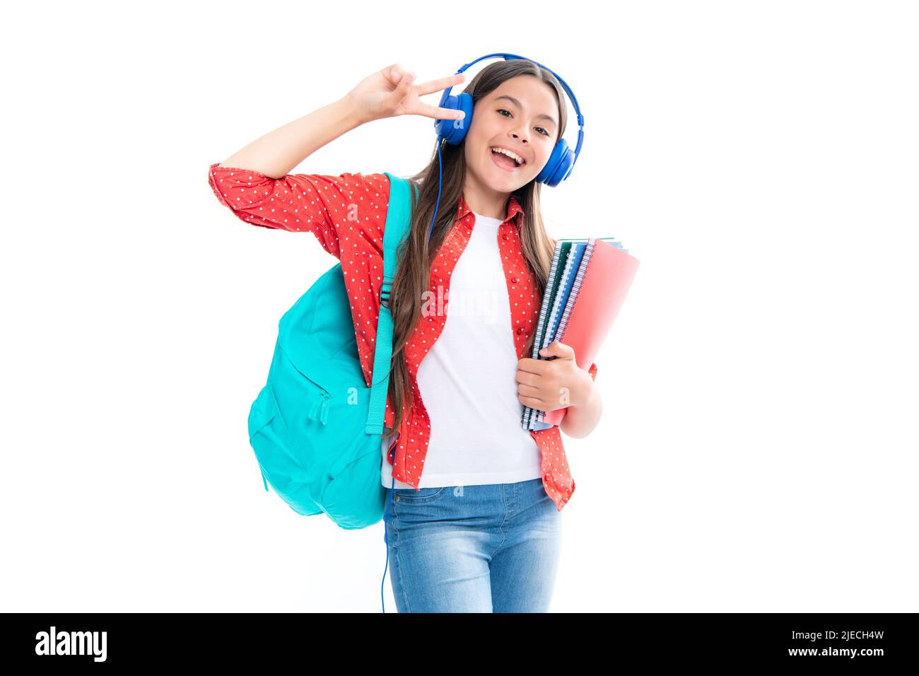 School girl, teenage student in headphones hold books on white isolated ...