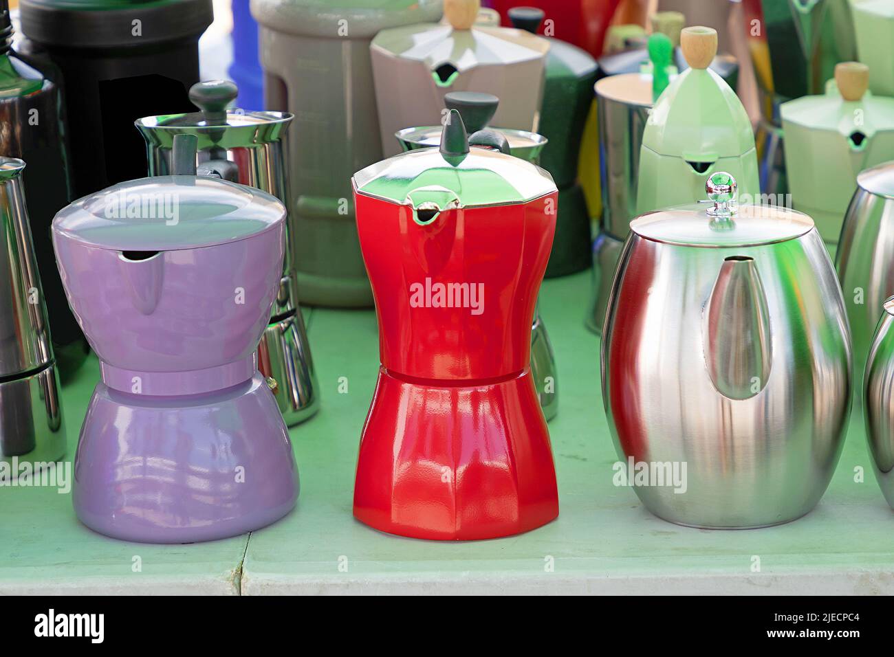 Traditional Italian espresso coffee pots sold on local market stall ...