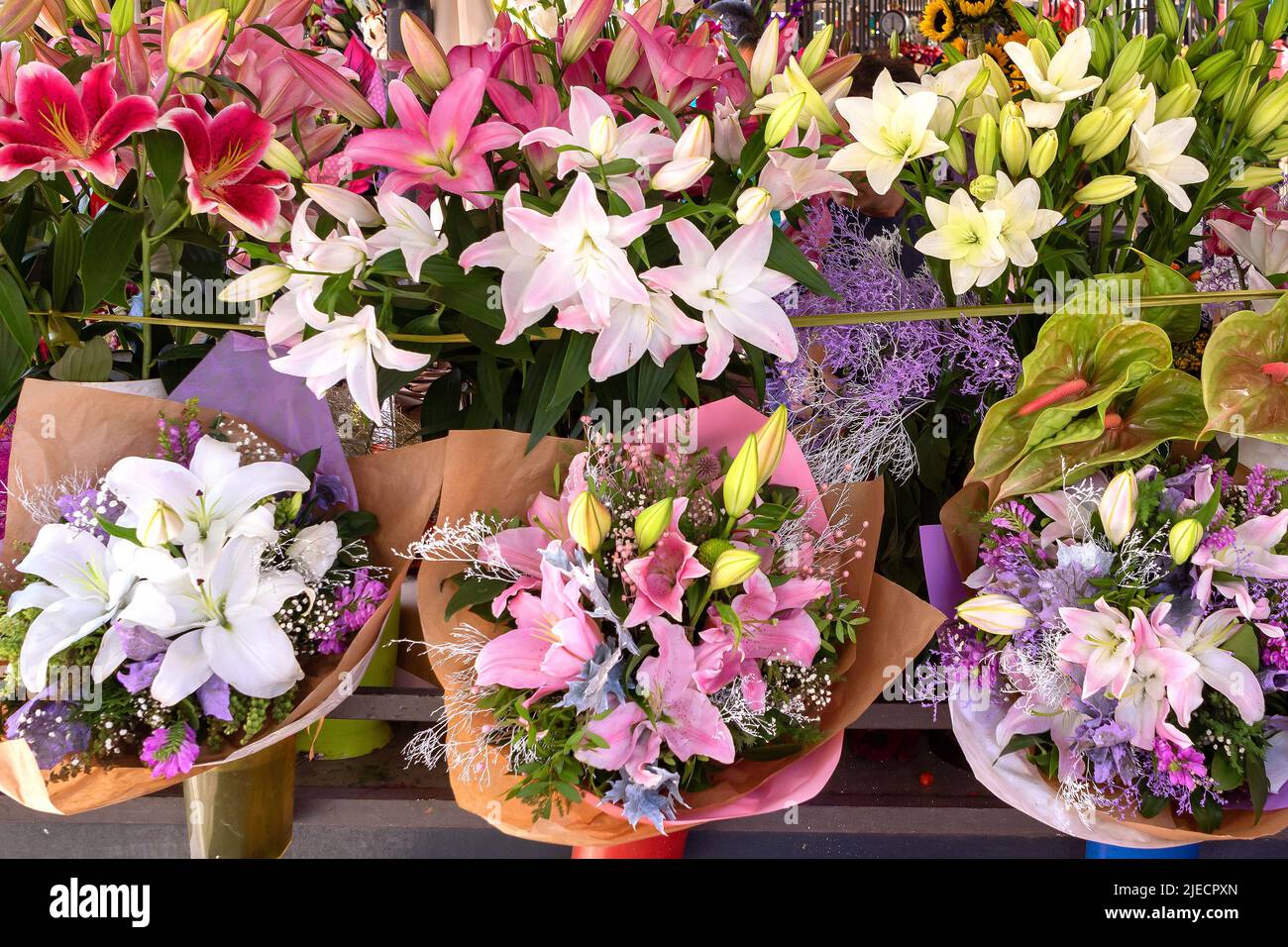 Beautiful colorful flowers display outside on market stall Stock Photo ...