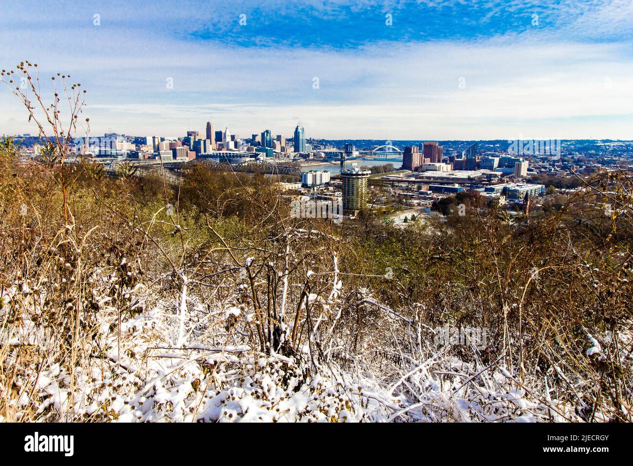 Cincinnati, Ohio seen after a light snow from Devou Park, Kentucky ...