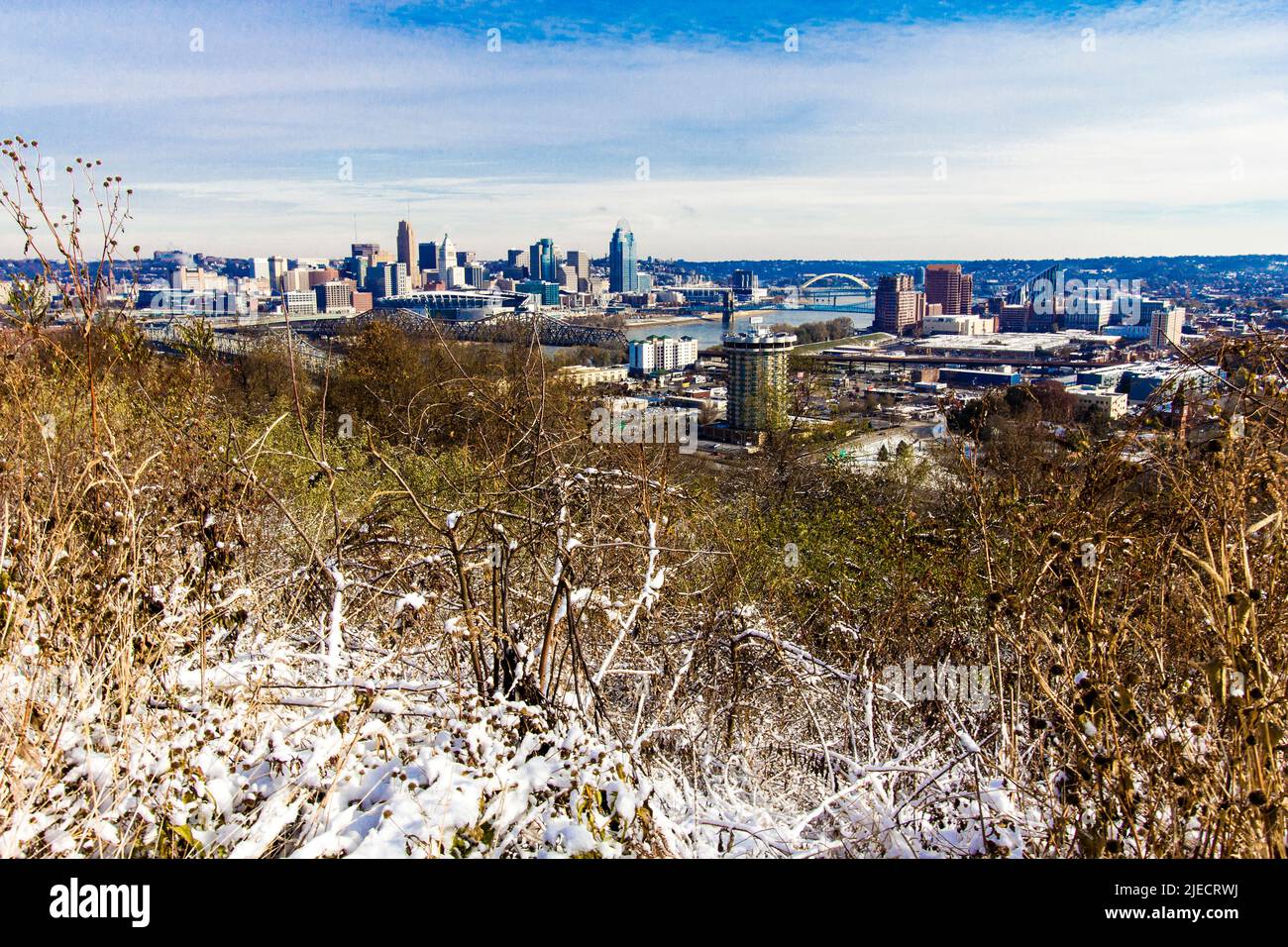 Cincinnati, Ohio seen after a light snow from Devou Park, Kentucky ...
